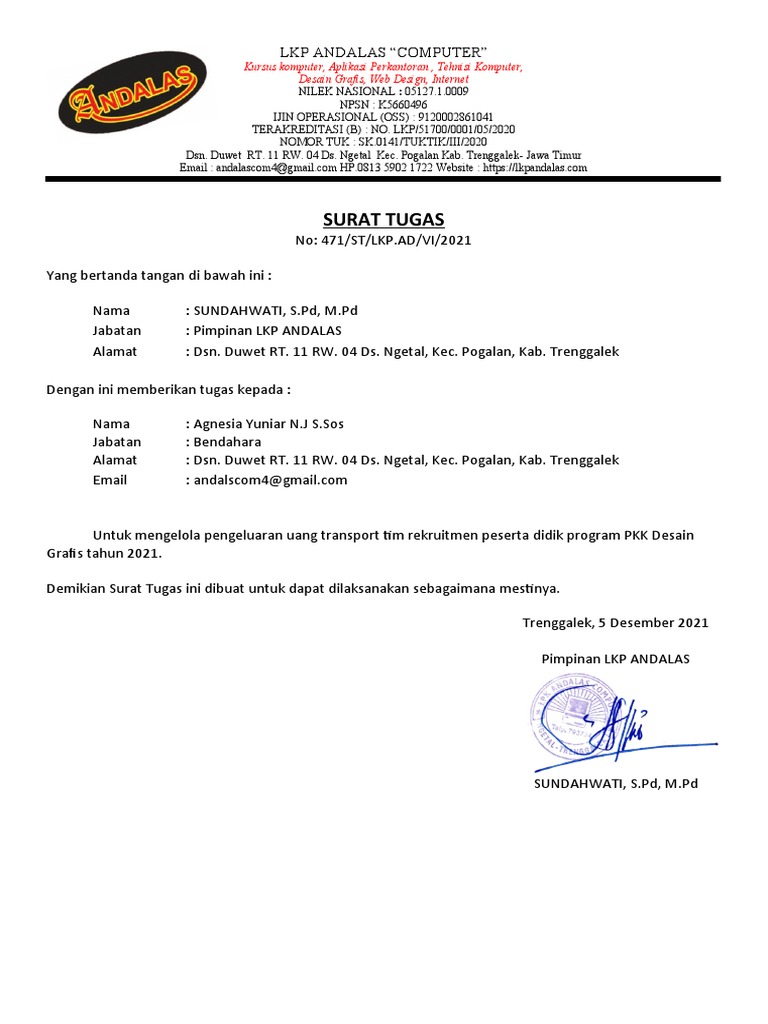 Surat Tugas LKP Andalas 2021 | PDF
