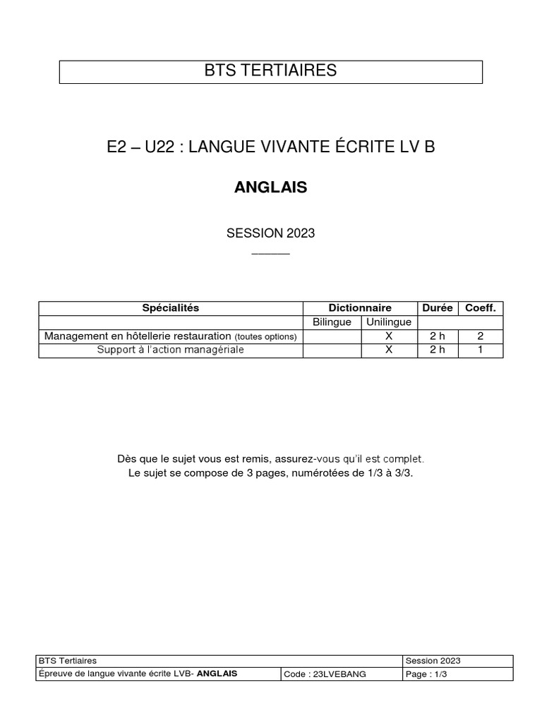 BTS 2023 - Mercredi 17 Mai 2023 - LVB - Anglais | PDF | Business | Economies
