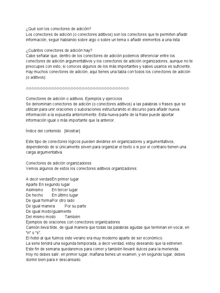 ¿Qué Son Los Conectores de Adición | PDF