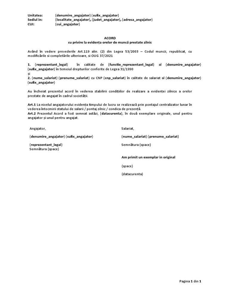 Acord Evidenta Orelor de Munca | PDF