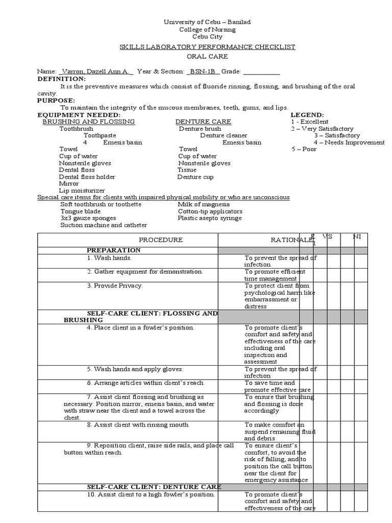 5th Topic C - Oral Care Checklist | PDF | Toothbrush | Oral Hygiene