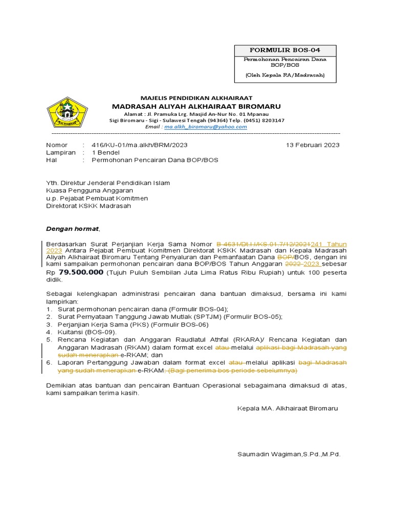 Surat Permohonan Pencairan Dana - 63e0873e7e79920230206115110 | PDF