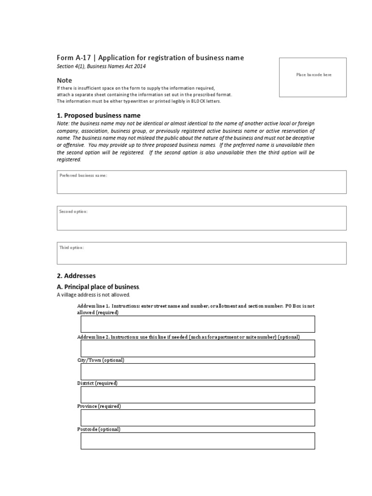 Business Name Registration Form A-17 | PDF