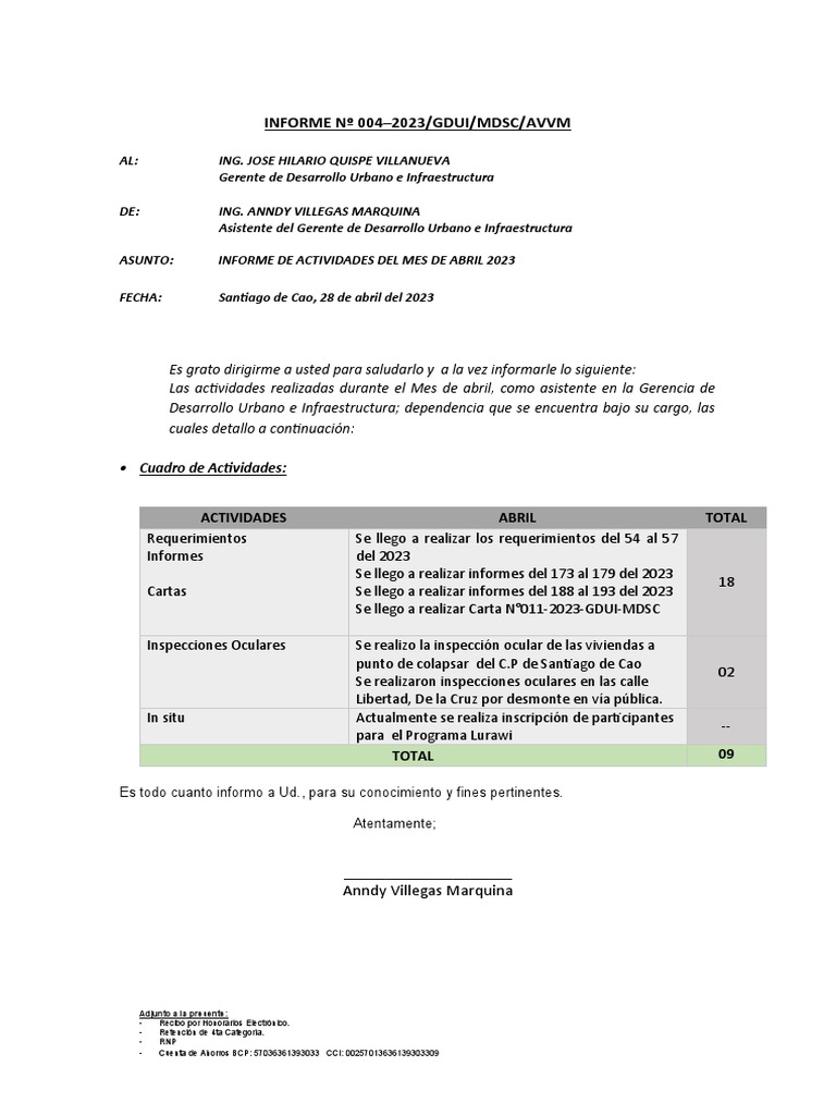 INFORME N°004-2023-GDUI-MDSC-AVVM - INFORME MENSUAL DE ABRIL | PDF