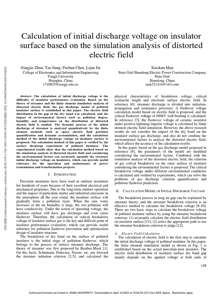 Calculation of Initial Discharge Voltage On Insulator Surface Based On ...