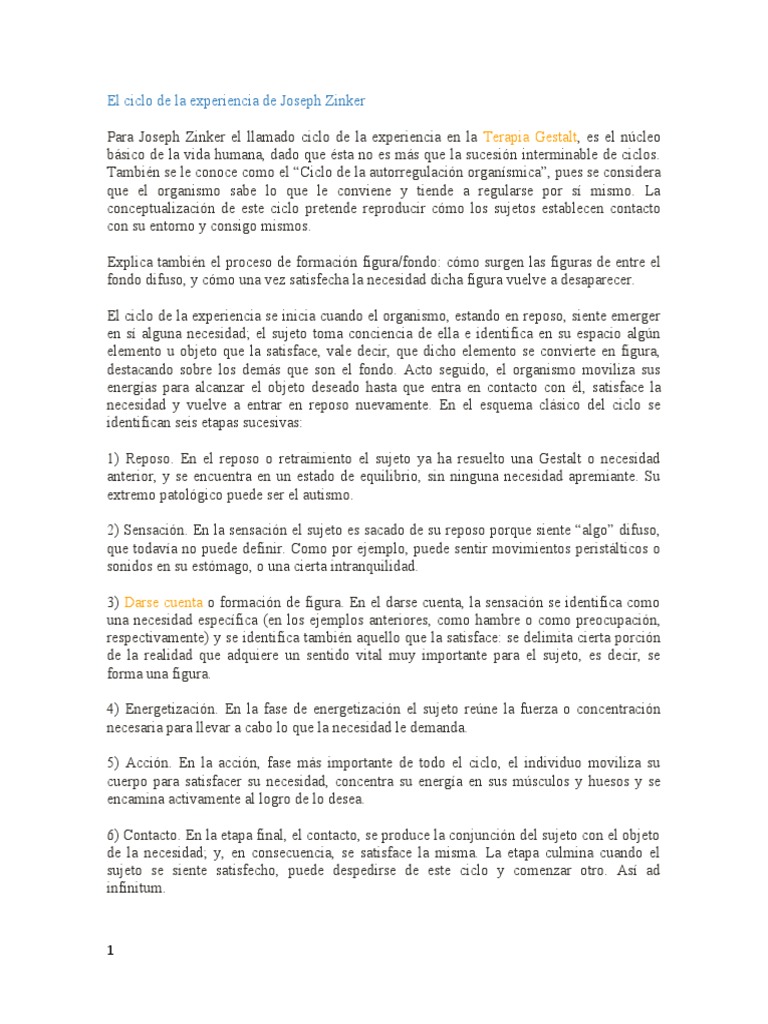 El Ciclo de La Experiencia de Joseph Zinker | PDF | Terapia Gestalt ...