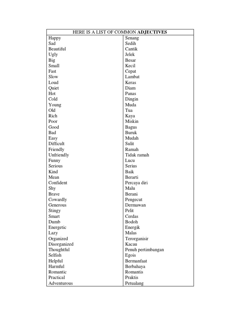 List of Common Adjectives | PDF
