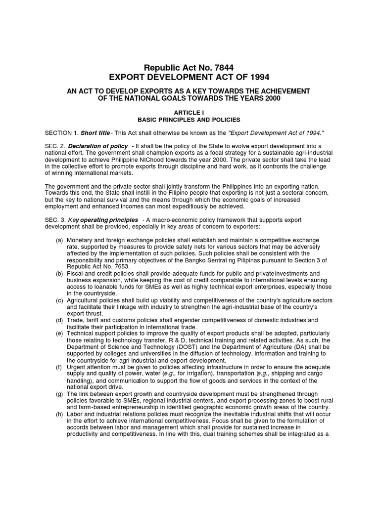 RA 7844 - Export Development Act | PDF