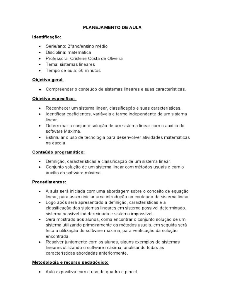 Plano De Aula Sistemas Pdf Sistema De Equações Lineares Equações 9584