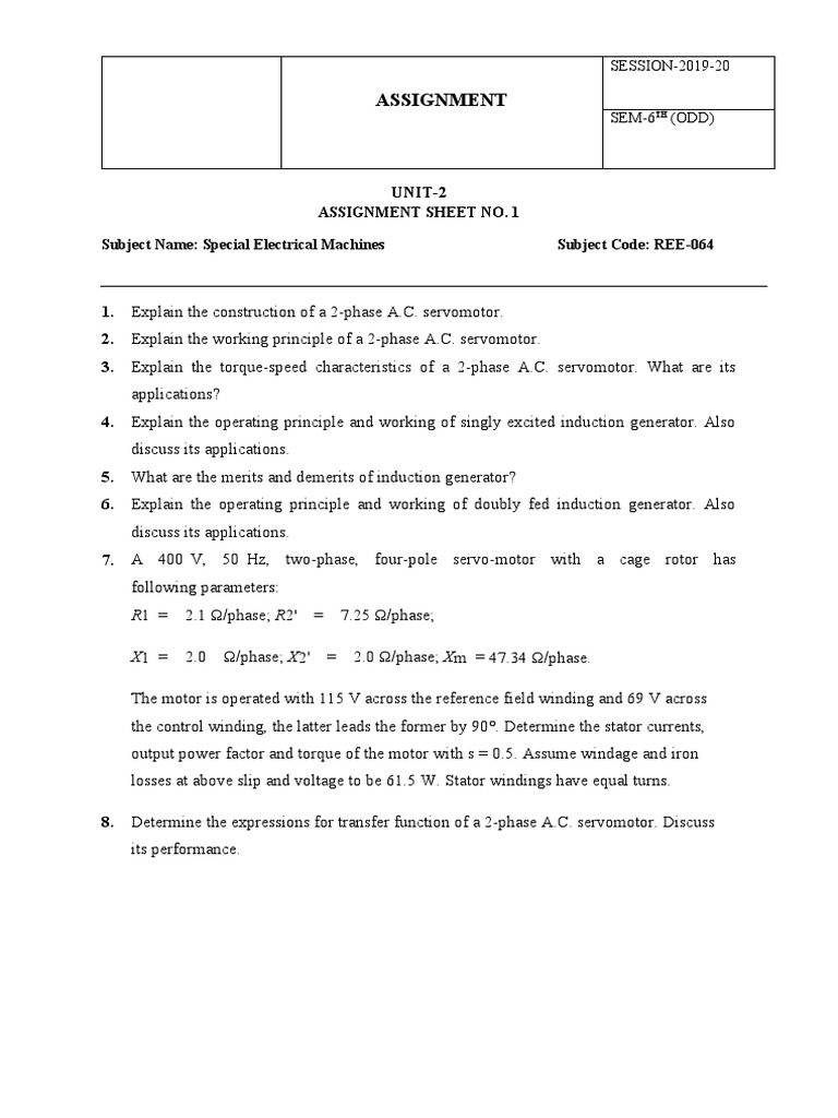 Assignment: Assignment Sheet No. 1 Subject Name: Special Electrical Machines Subject Code: REE ...