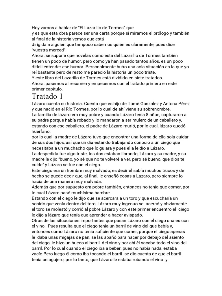 Resumen de El Lazarillo de Tormes | PDF