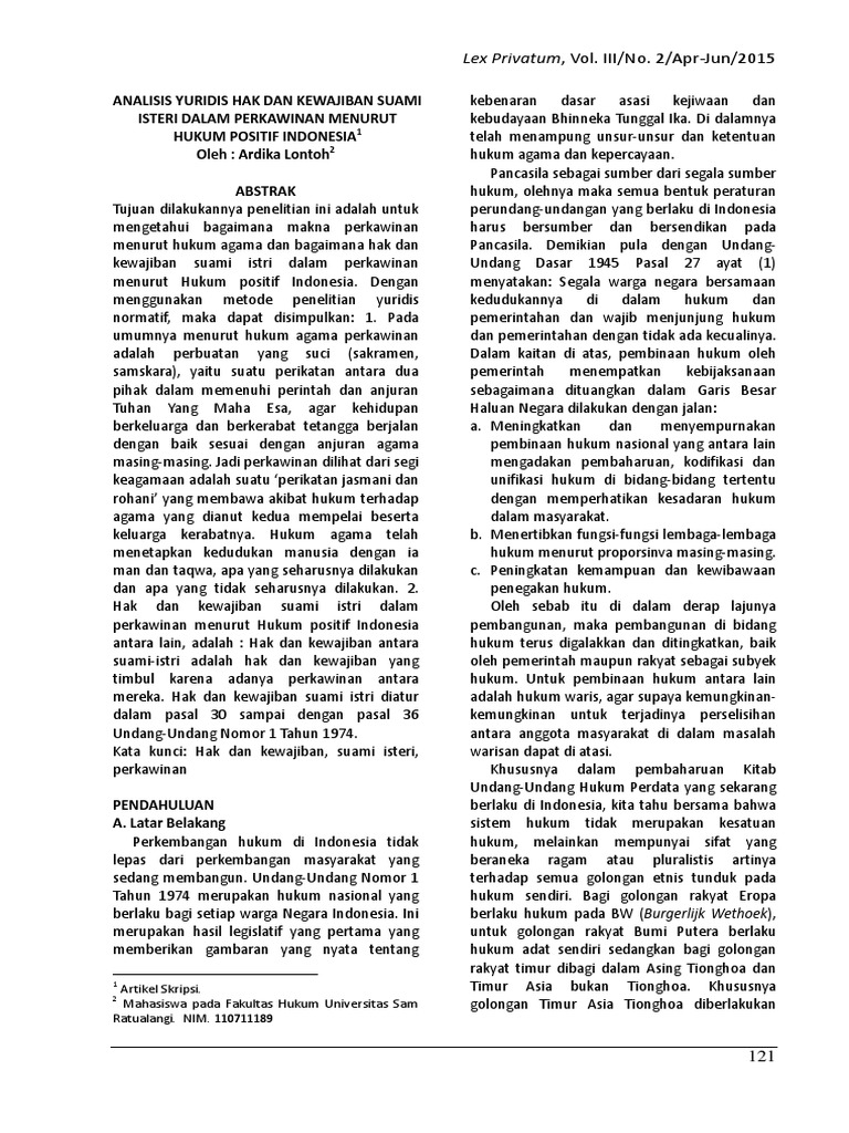 Jurnal ANALISIS YURIDIS HAK DAN KEWAJIBAN SUAMI ISTERI DALAM PERKAWINAN ... Jurnal ANALISIS YURIDIS HAK DAN KEWAJIBAN SUAMI ISTERI DALAM PERKAWINAN ...