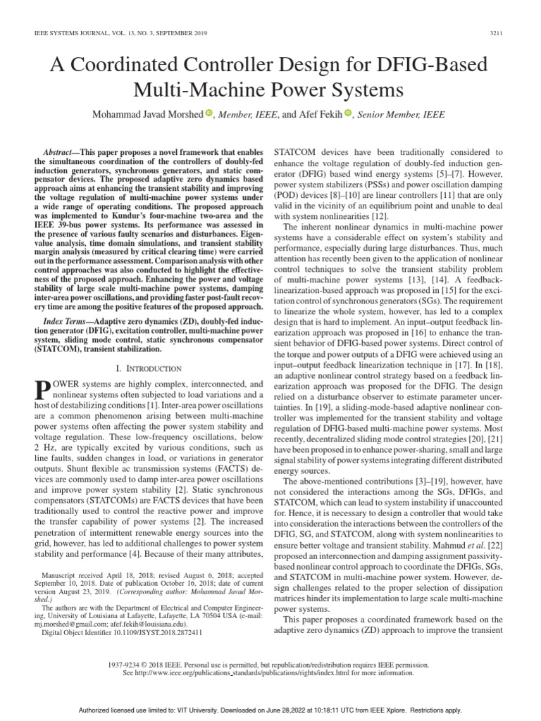 A Coordinated Controller Design For Dfig Based Multi Machine Power Systems Pdf Nonlinear