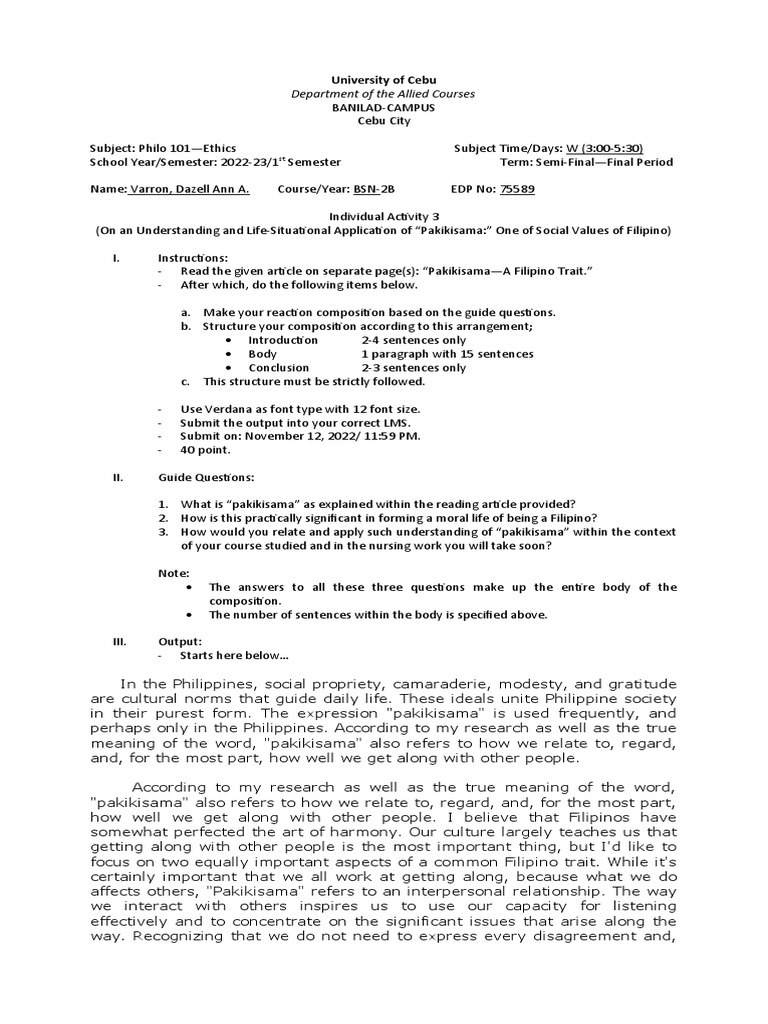 Individual Activity 3 - On An Understanding and Life-Situational Application of Pakikisama - One ...