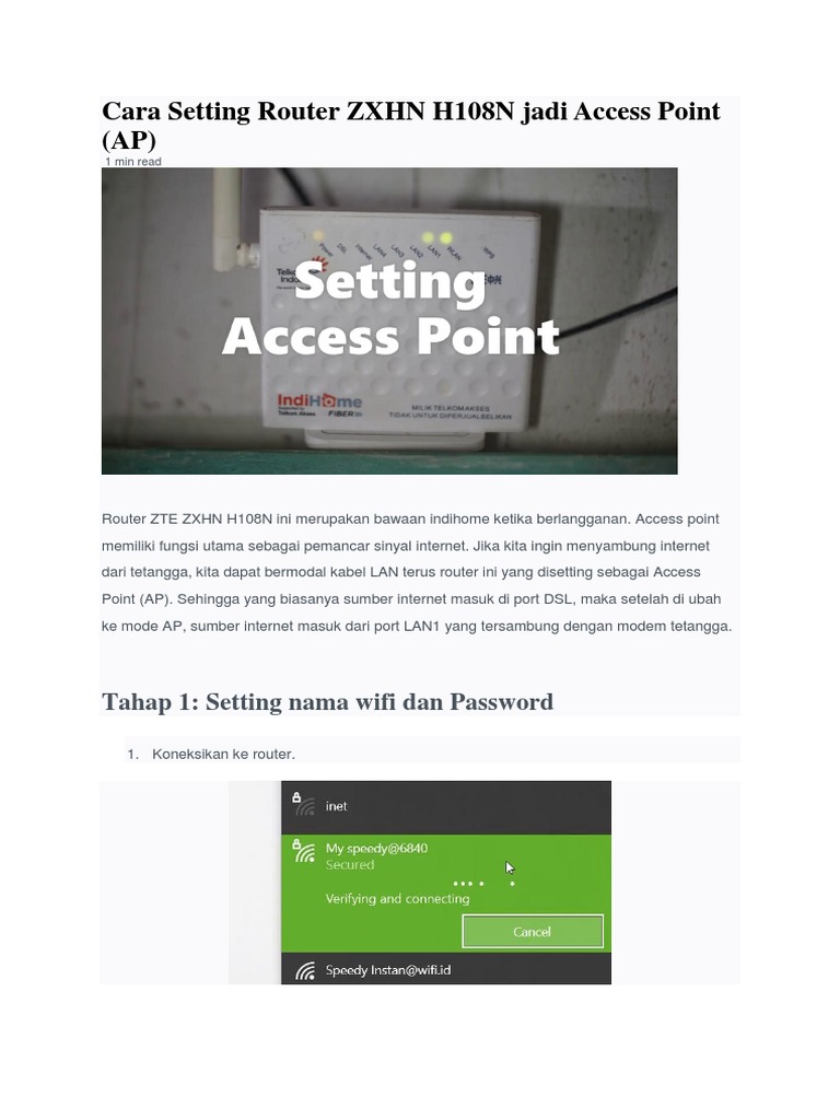 Cara Setting Router ZXHN H108N Jadi Access Point | PDF