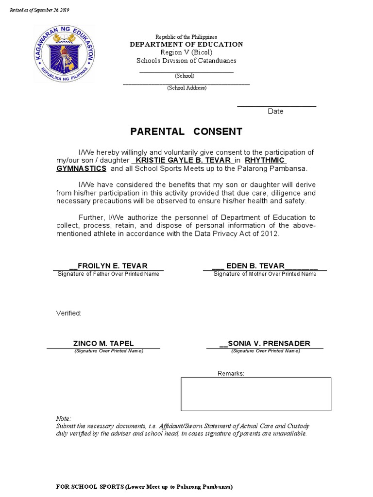 2020 Revised Parental Consent (Kristie Gayle v. Tevar) | PDF