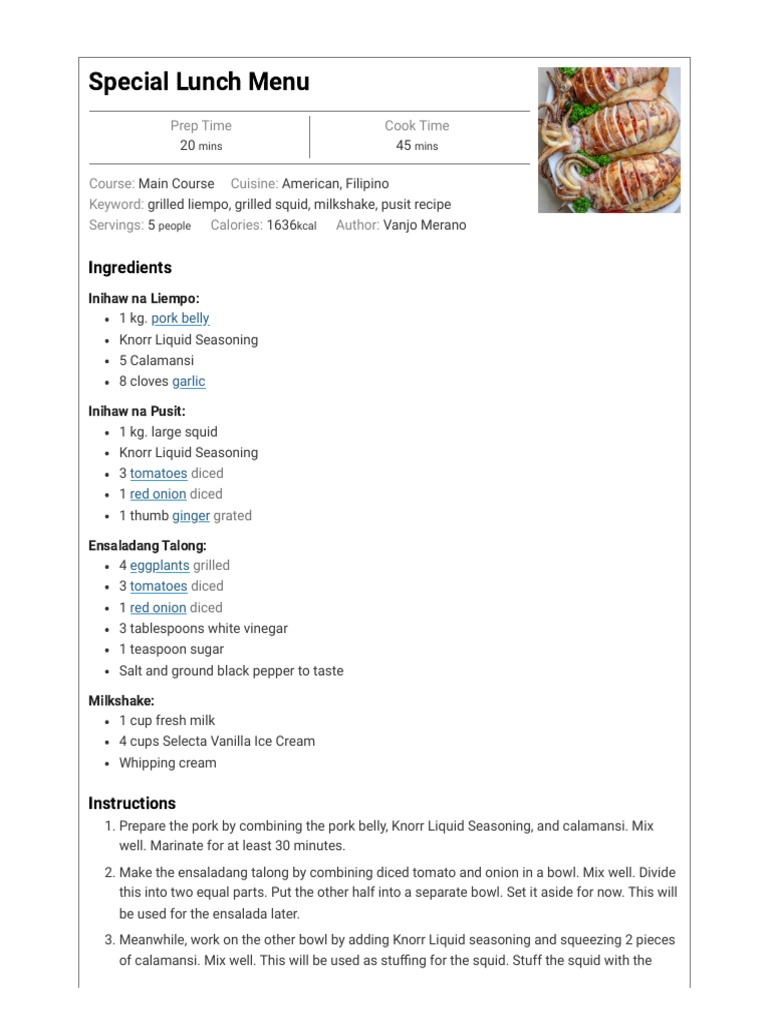 Special Lunch Menu - Panlasang Pinoy | PDF