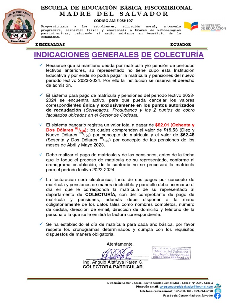 Indicaciones de Colecturia para Matrícula y Pensión Período Lectivo ...