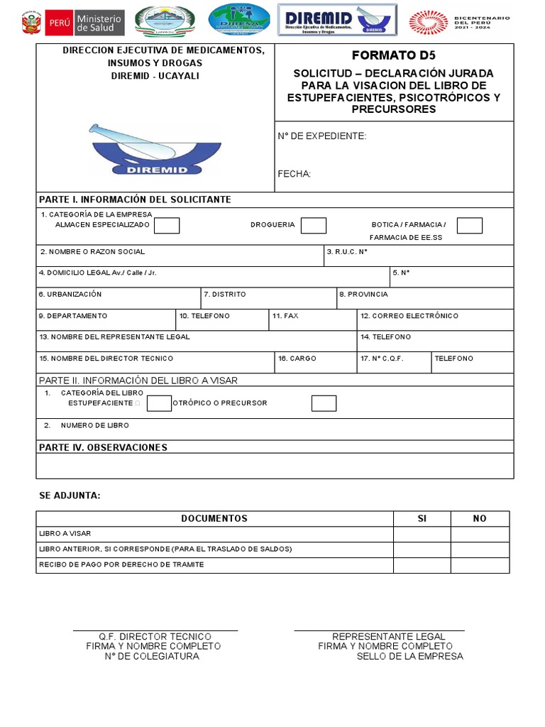 Formato D5 - Visacion de Libros de Psicotropicos y Estupefacientes | PDF