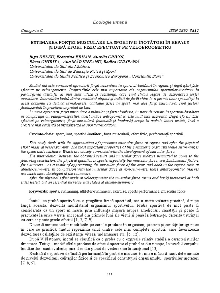 Estimarea Fortei Musculare La Sportivii Inotatori in Repaus Si Dupa ...