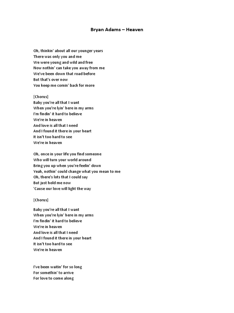 Bryan Adams - Heaven (Lyrics) | PDF