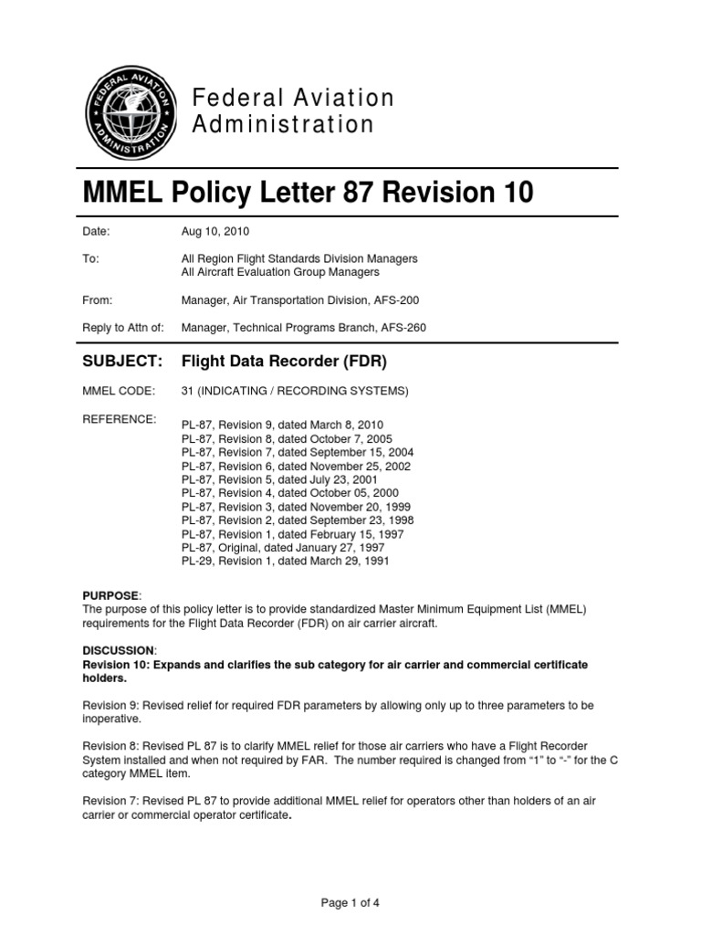 MMEL Policy Letter 87r10 FDR | PDF