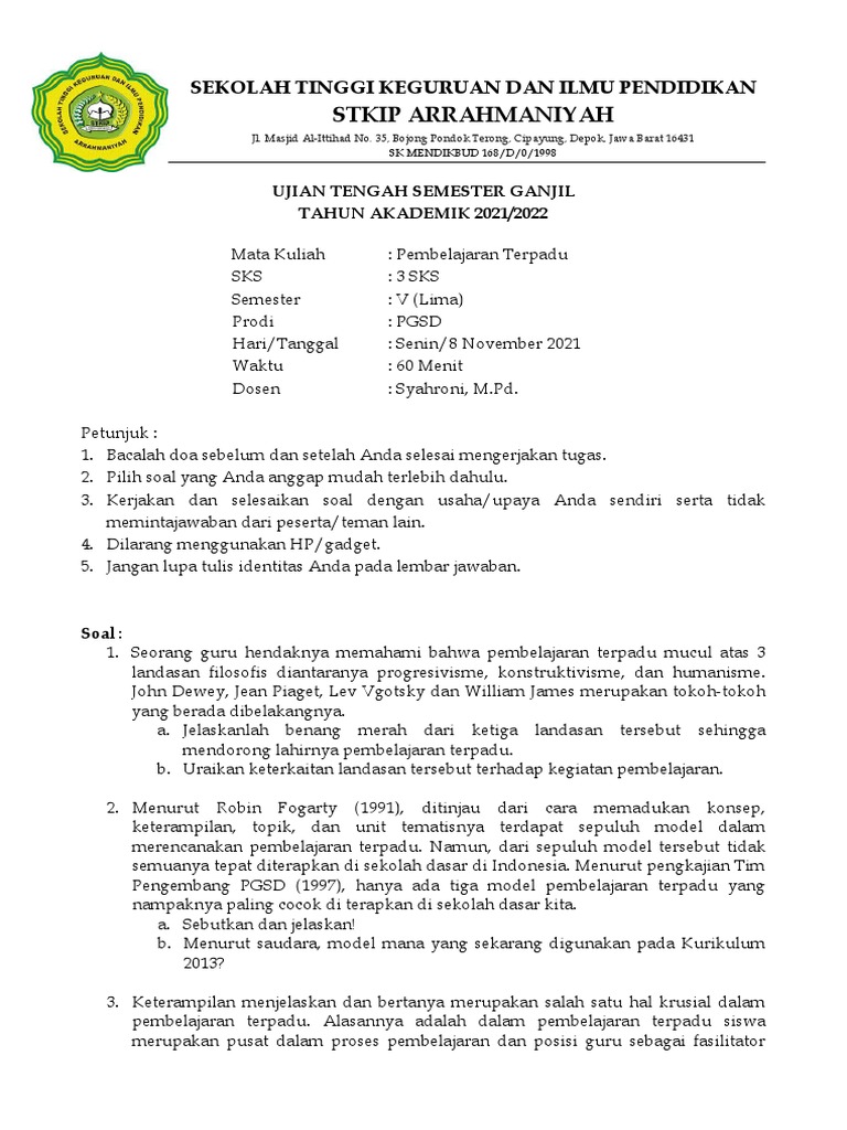 UTS Pembelajaran Terpadu PGSD | PDF | Karier & Perkembangan | Kesehatan Holistik