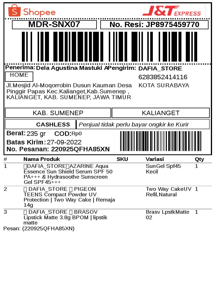 Contoh Label Resi Otomatis Di Shopee | PDF