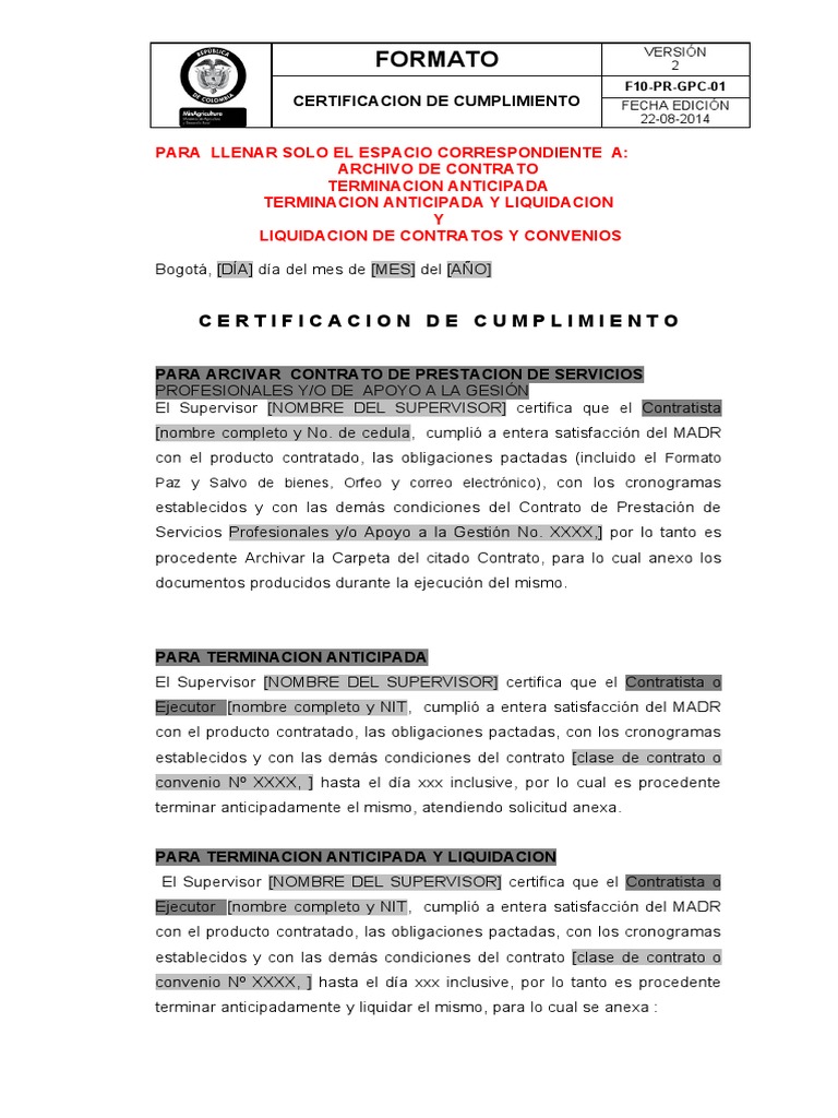 Formato Certificación de Cumplimiento V2 | PDF | Liquidación