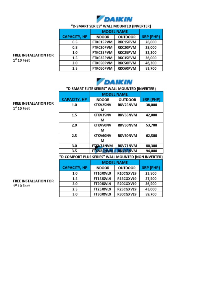 Daikin Price List Free Installation | PDF