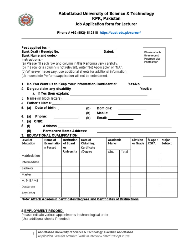 Job Application Form For Lecturer | PDF | Academic Degree
