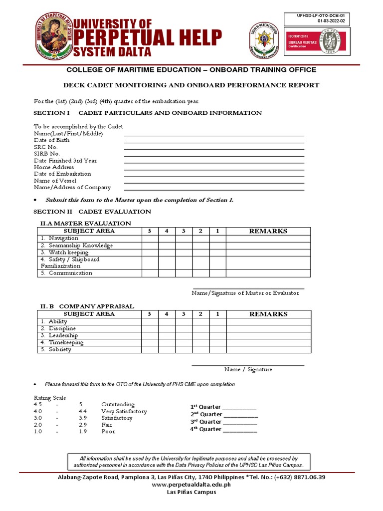 Deck Cadet Performance Monitoring Report | PDF | Water Transport | Shipping
