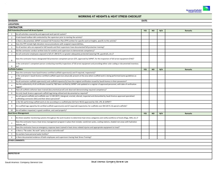 Working at Height and Heat Stress Inspection Checklist | PDF