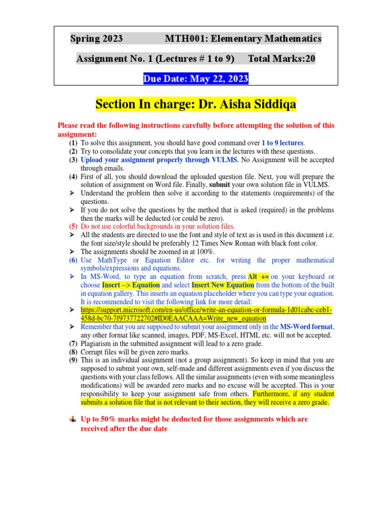 Spring 2023 MTH001 - Assignment1 - DR - Aisha Siddiqa | PDF