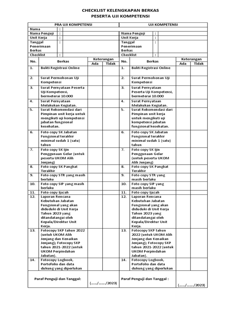 Checklist Berkas Peserta Uji Kompetensi | PDF