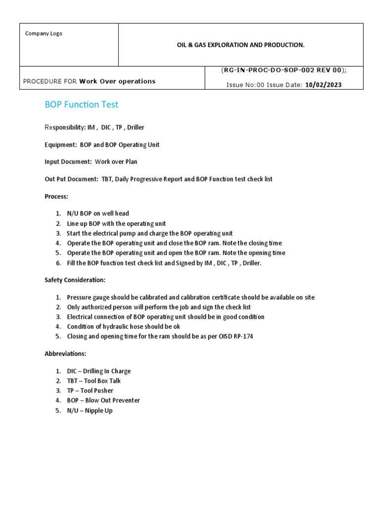 Procedure for BOP Function Testing During Work Over Operations | PDF