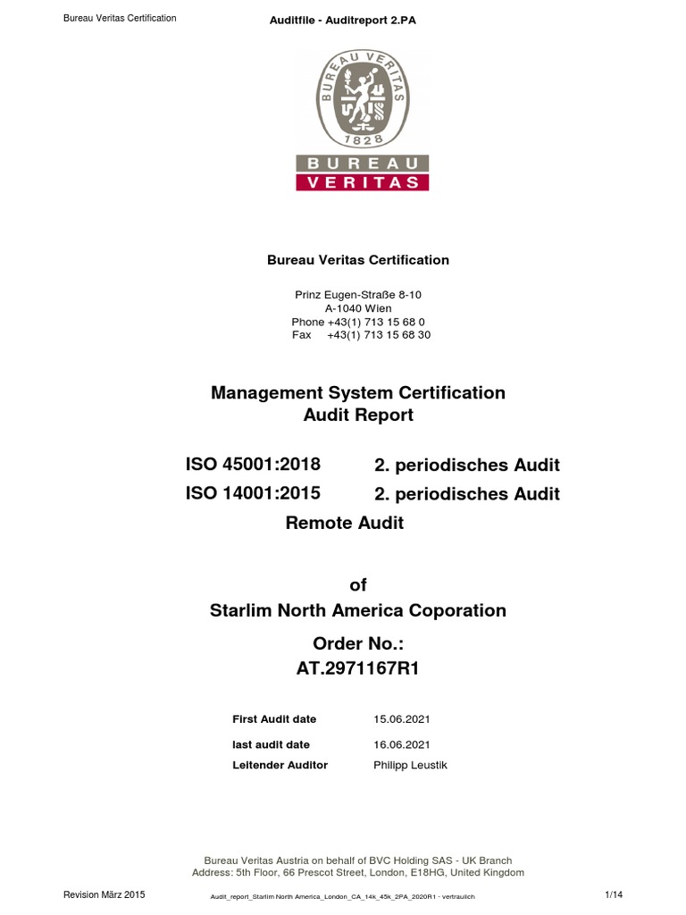 Audit Report Starlim North America London CA 14k 45k 2PA 2020R1 | PDF