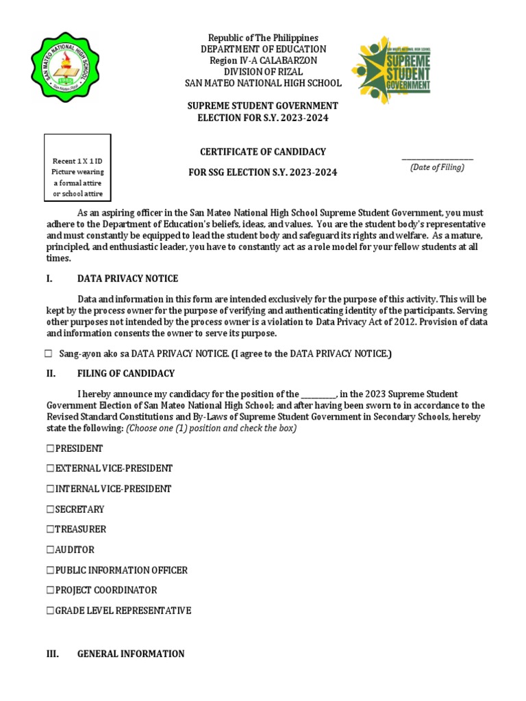 SSG Certificate of Candidacy For S.Y. 2023 2024 | PDF
