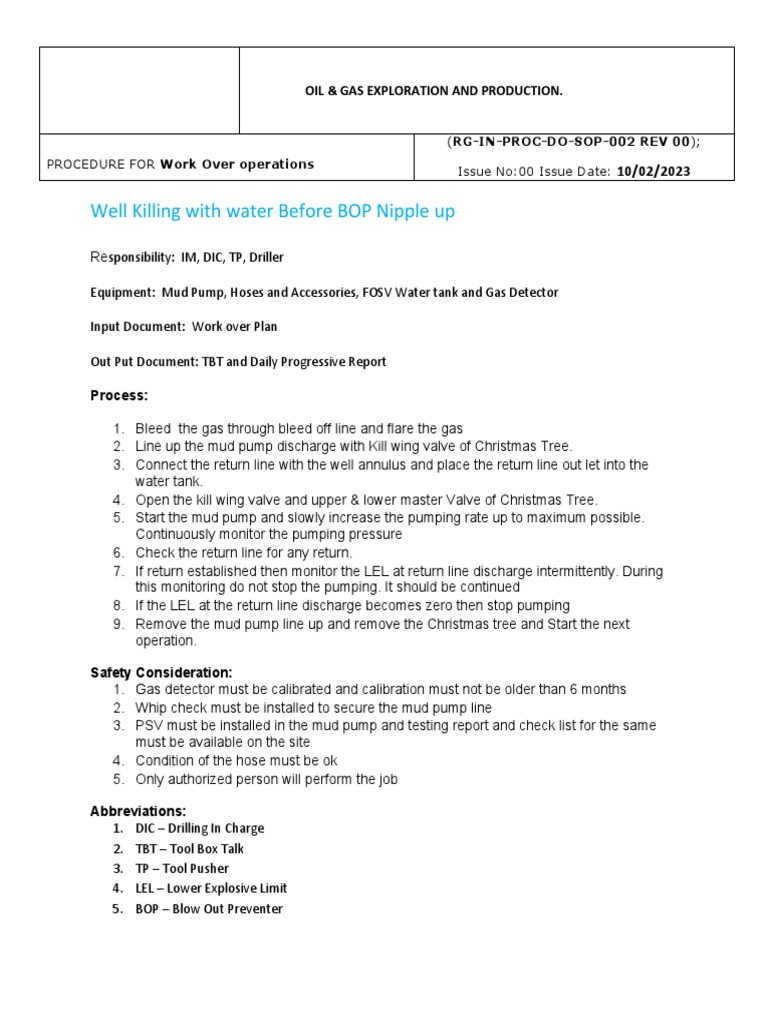 Well Killing With Water Before BOP Nipple Up SOP | PDF