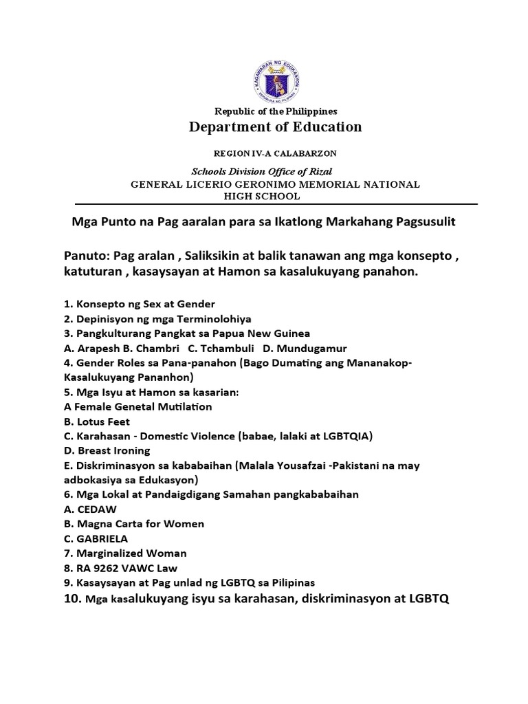 Pointers For Review AP10 Q3 | PDF