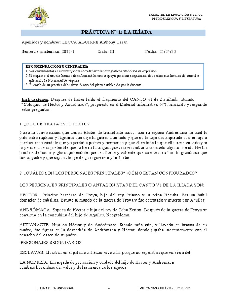 Práctica 1 - La Ilíada - Lecca Aguirre Anthony Cesar | PDF | Héctor ...