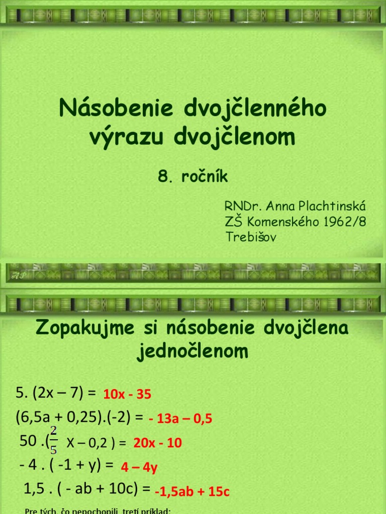 MAT 8.a 17.12. Násobenie Výrazov | PDF
