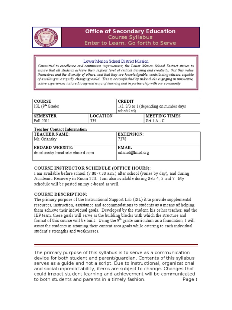 ISL Syllabus | PDF | Homework | Teachers