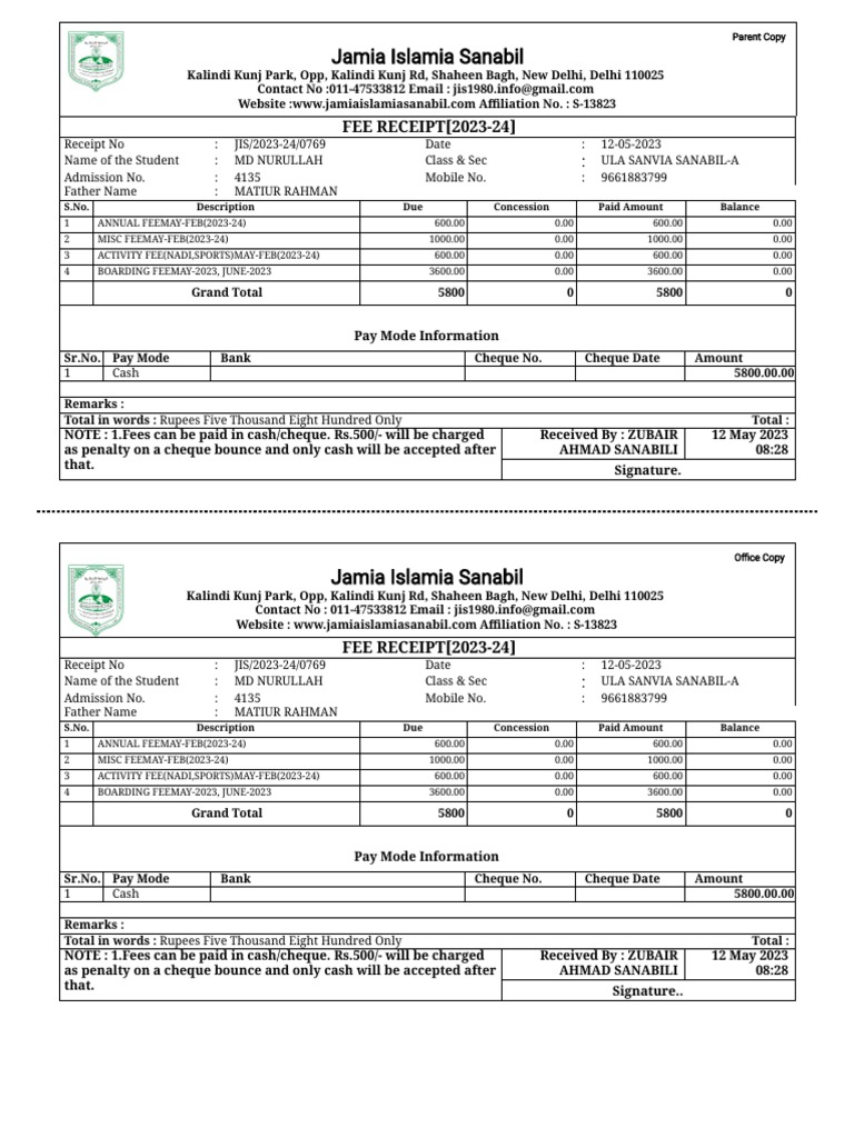 Fee Receipt | PDF | Cheque | Personal Finance