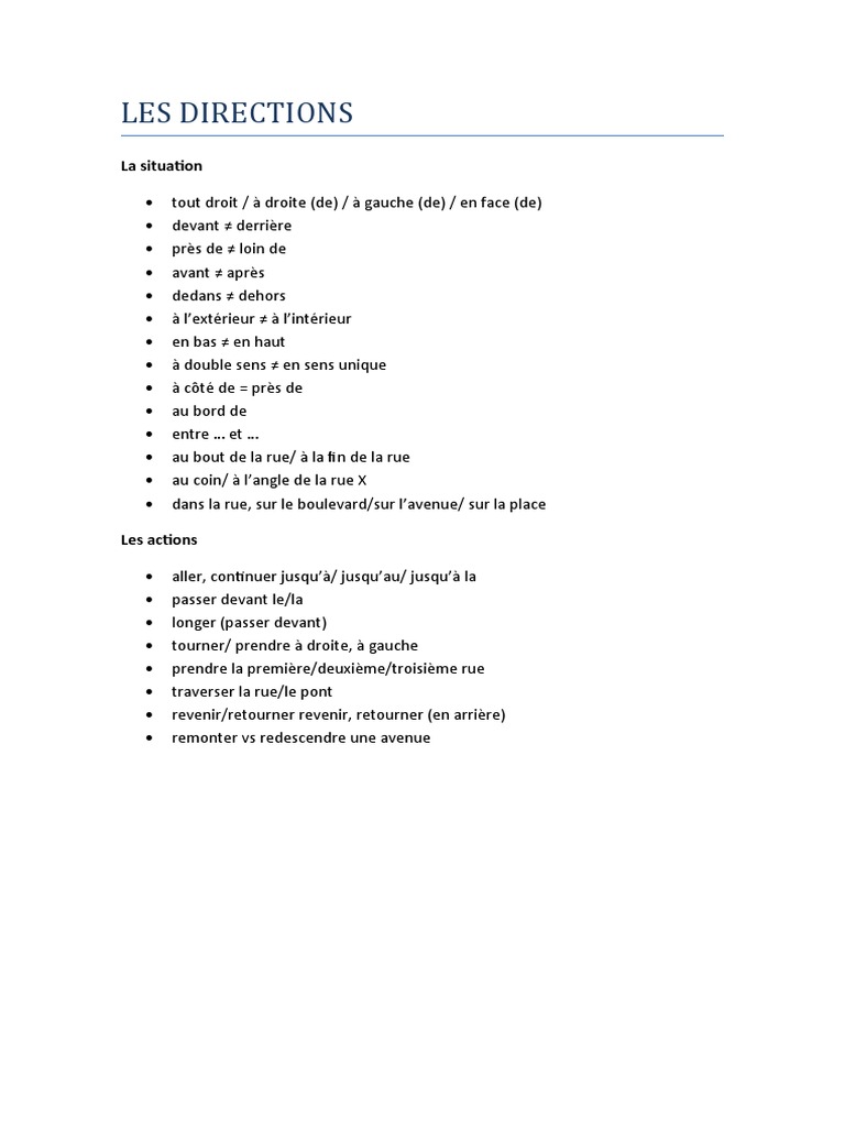 LES DIRECTIONS Extrait de Vocabulaire | PDF