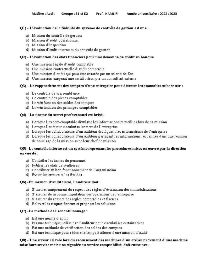 Examen Blanc Audit E1 Et E2 2023 HAMLIRI | PDF | Audit | Facture