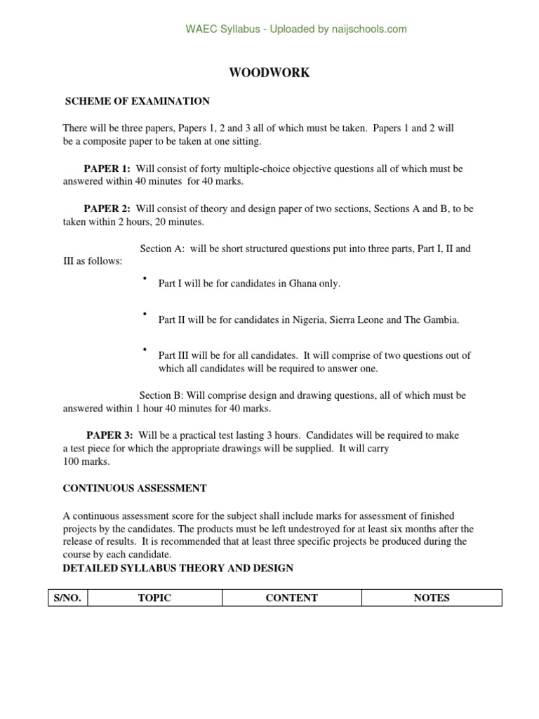 WAEC Woodwork Syllabus Overview | PDF | Lumber | Wood Carving