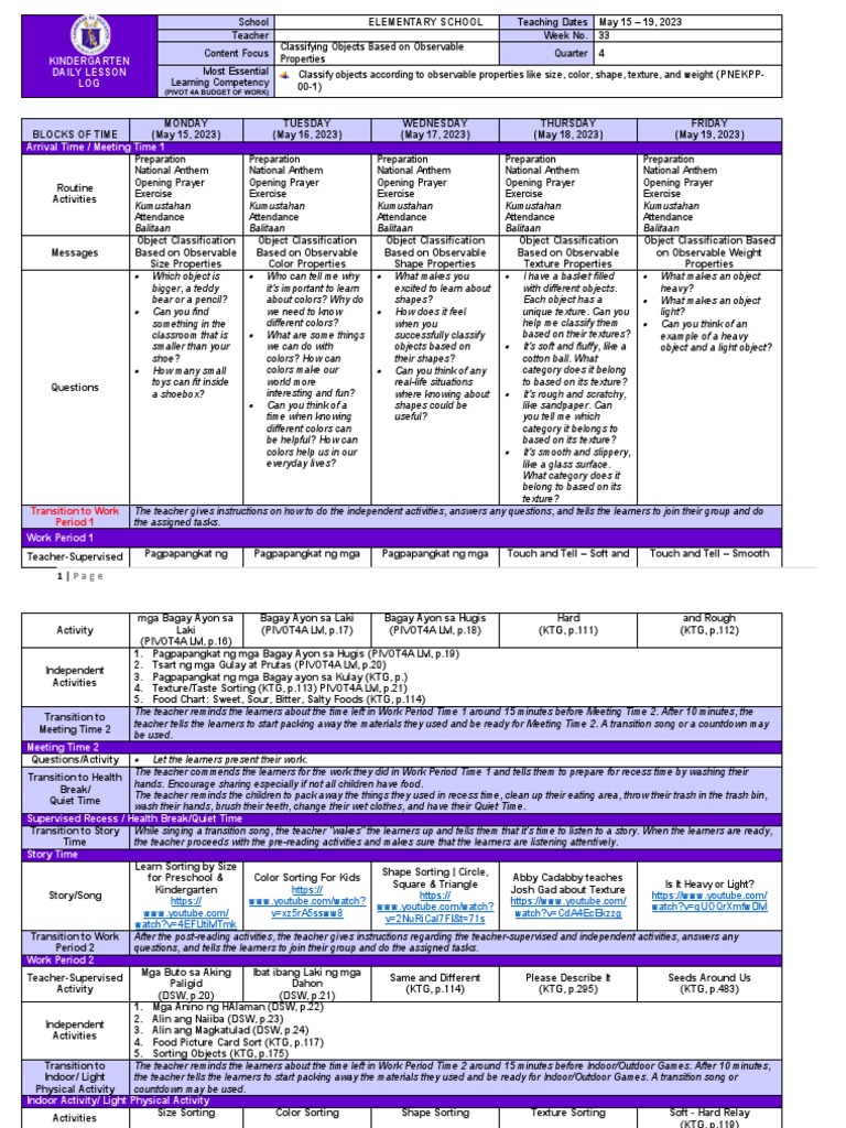 Kindergarten Object Classification Plan | PDF
