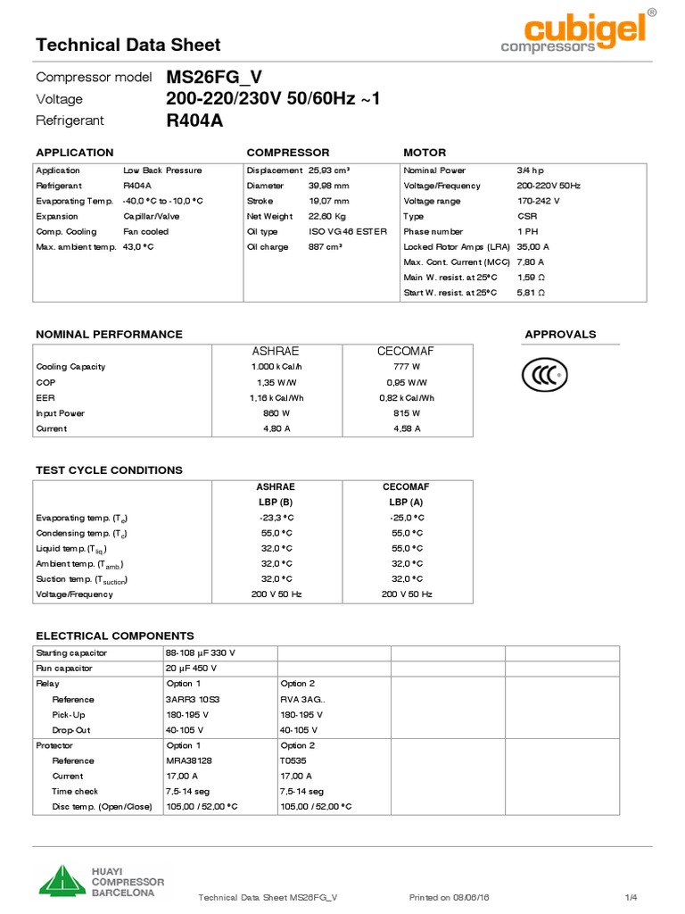 Ficha Técnica Compressor Cubigel MS26FG V R404A 200 50 | PDF | Physical ...