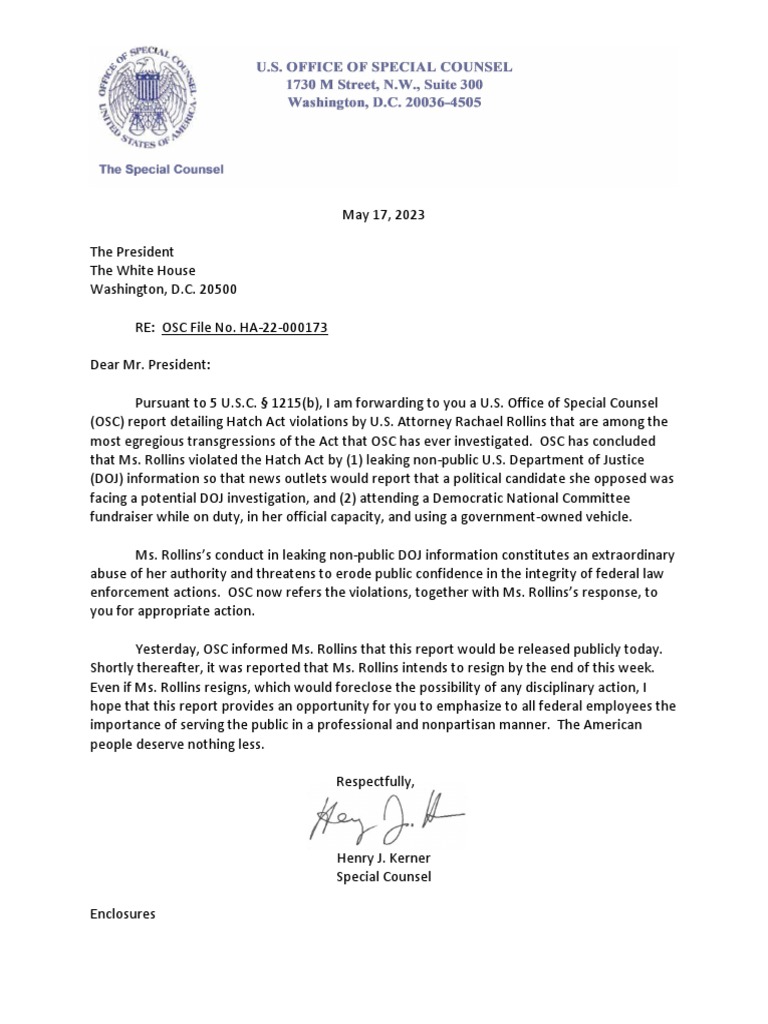 The U.S. Office of Special Counsel - Rollins Report | PDF | Public Law ...